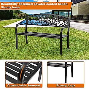 Patio Bench 50in Coated Cast Iron Steel Frame Outdoor Bench,Garden Bench Double Seat with Pattern Backrest&Armrests for Garden Backyard Lawn Porch Path Patio Furniture Chair,Black,50x24x34.6inch