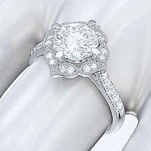 PRSTANI 10K White Gold Vintage Milgrain Romantic Petals Halo 1.0 CT Simulated Diamond Engagement Ring (7)