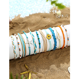 LOLIAS 24 Pieces Waterproof String Bracelets for Women Surfer Wave Boho Bracelet Adjustable Handmade Friendship Bracelet String Ocean Beach Boho Bracelets Anklets for Women Ocean