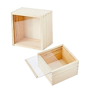 DICOSMETIC 2Pcs Slide Square Wood Box Unfinished Wood Storage Box with Transparent Sliding Lid 11.9CM Visible Wood Gift Box for DIY Craft Storage and Decorative Organizer, 4.7x4.7x3