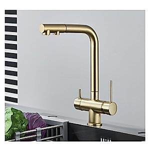 LHXEQJAM Chrome Brass Pull Out Filtered Kitchen Faucet Dual Handle Hot Cold Drinking Water 3-Way Filter Purification Mixer Taps (Color : Brushed Gold)