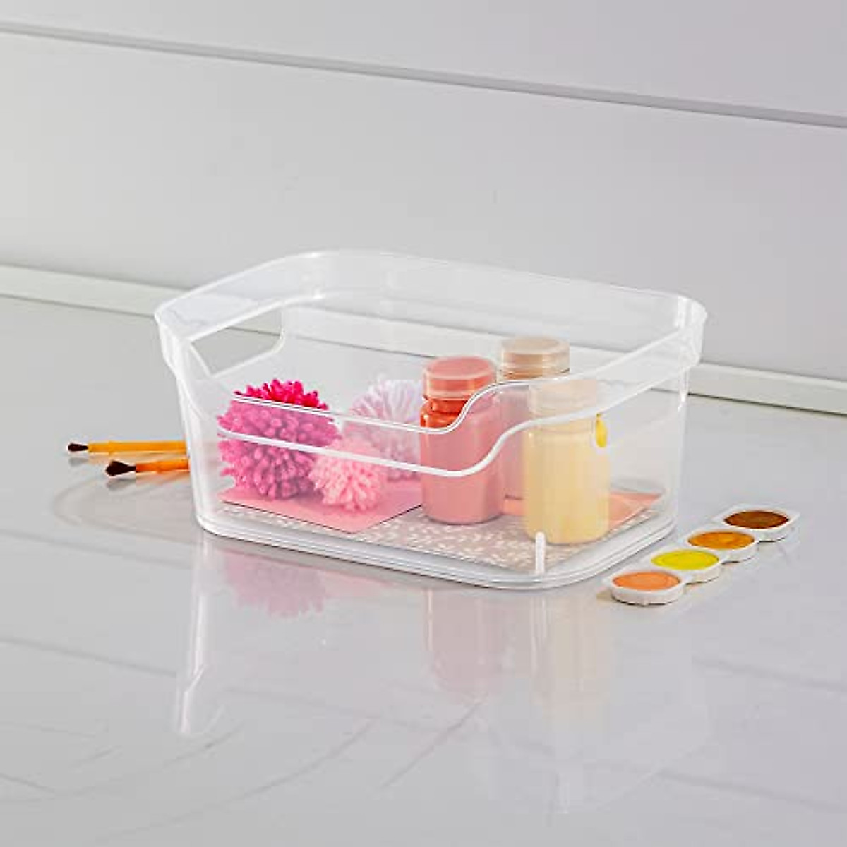 Sterilite 9.5 x 6.5 x 4 Inch Small Open Scoop Front Clear Storage Bin with Comfortable Carry Through Handles for Household Organization (16 Pack)