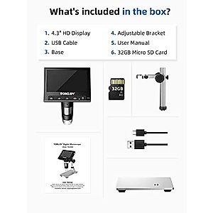TOMLOV DM4 Coin Microscope 1000X with 4.3" Screen, 720P LCD Microscope with Metal Stand, 8 Adjustable LED Lights, PC View for Kids Adults, Windows Compatible, 32GB TF Card Included