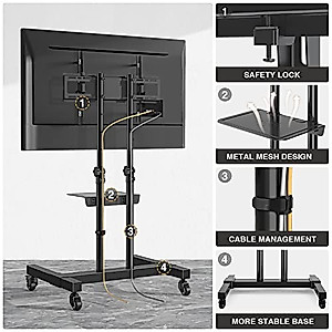 Mobile TV Stand Rolling TV Cart Floor Stand with Mount on Lockable Wheels Height Adjustable Shelf for 32-80 Inch TV Stand Flat Screen or Curved TVs Monitors Display Trolley Loading 110 lbs