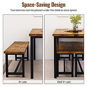 Recaceik 3-Piece Dining Table Set for 4, 43'' Dining Room Table Set with 2 Benches, Space-Saving Dinette Table with Metal Frame & MDF Board, Kitchen Breakfast Table for Dining Room, Rustic Brown