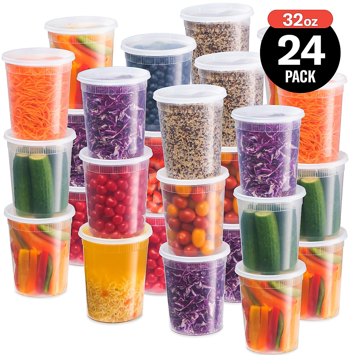 Plastic Deli Food Storage Containers With Leak-Proof Lids (24 Pack, 32 Oz) | Microwaveable Airtight Container For Soups, Snacks, Meal Prep, Salad, Ice Cream | BPA-Free Kitchen & Restaurant Supplies