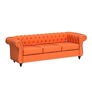 LEVNARY Velvet Chesterfield Sofa, Classic Tufted Upholstered Couch, Modern 3 Seater Couch Long Settee Furniture with Tufted Back for Living Room Office (Orange)