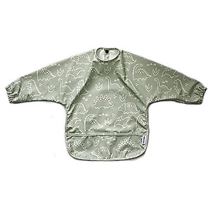 modernKIDS Long Sleeve Bibs for Babies with Pocket (12-36 Months) | No Leak, Waterproof Toddler Bibs with Food Catcher | Apron Art Smock Bib for Eating and Crafting (Dinosaur)