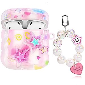 Cute AirPods Case with Love Pendant Colorful Round Bead Keychain, Glitter 3D Stars Design Soft Protective Cover Compatiable with AirPods 2nd & 1st Generation Case