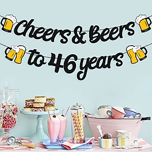 46th Birthday Decorations Cheers & Beers to 46 Years Banner for Men Women 46s Birthday Backdrop Wedding Anniversary Party Supplies Black Glitter Decorations Pre Strung