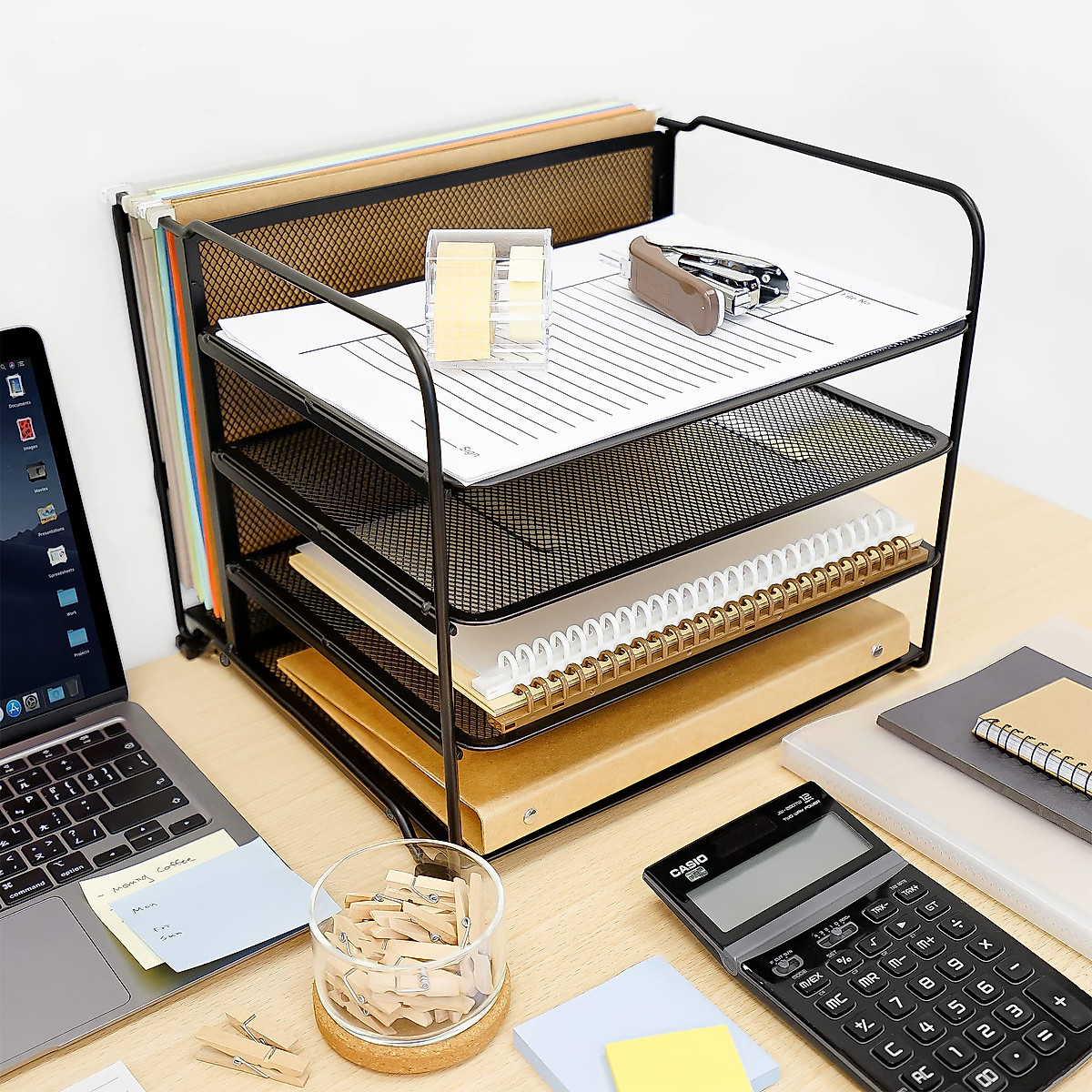 CAXXA 4 Tier Mesh Document Trays with Vertical Upright Section for Hanging File Holders, Mesh Office Supplies Desk Organizer, Black