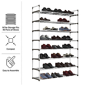 Home-Complete Shoe Rack - 8-Tier Shoe Organizer for Closet, Bathroom, Entryway - Shelf Holds 40 Pairs Sneakers, Heels, Boots (White)