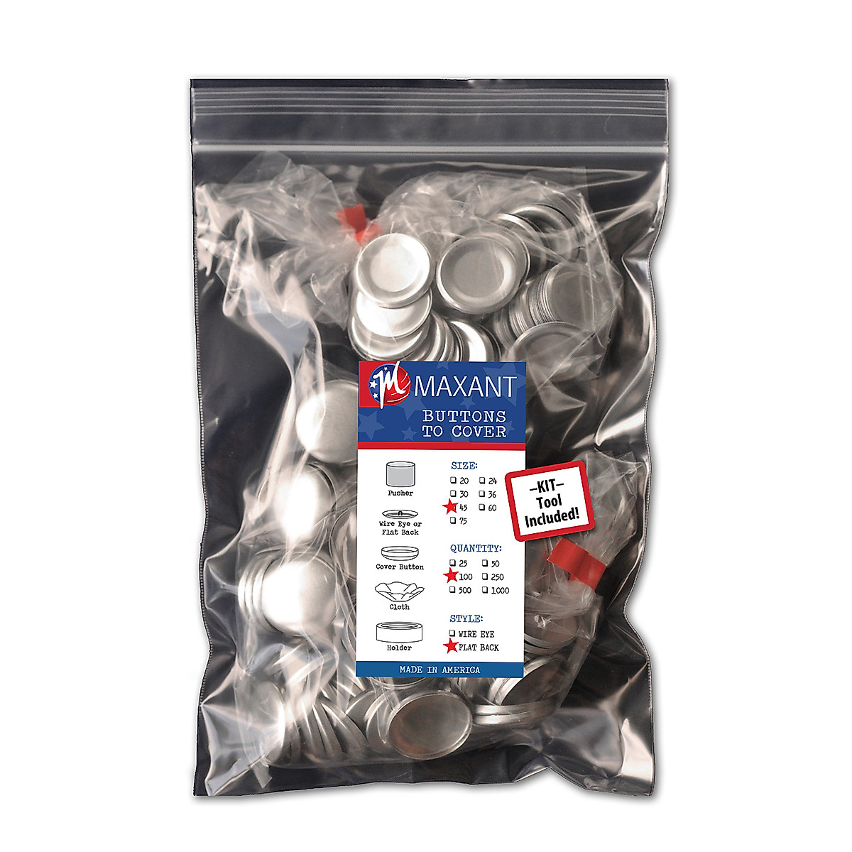100 Buttons to Cover - Made in USA - Self Cover Buttons with flat backs - size 45 with Tool