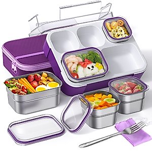 Lunch Box Stainless Steel Bento Box with Lunch Bag & Fork, Leakproof Bento Lunch Box for Adults Kids Bento-Style School Lunch Box 5 Compartments Lunch Containers, BPA-Free, Dishwasher Safe (Purple)