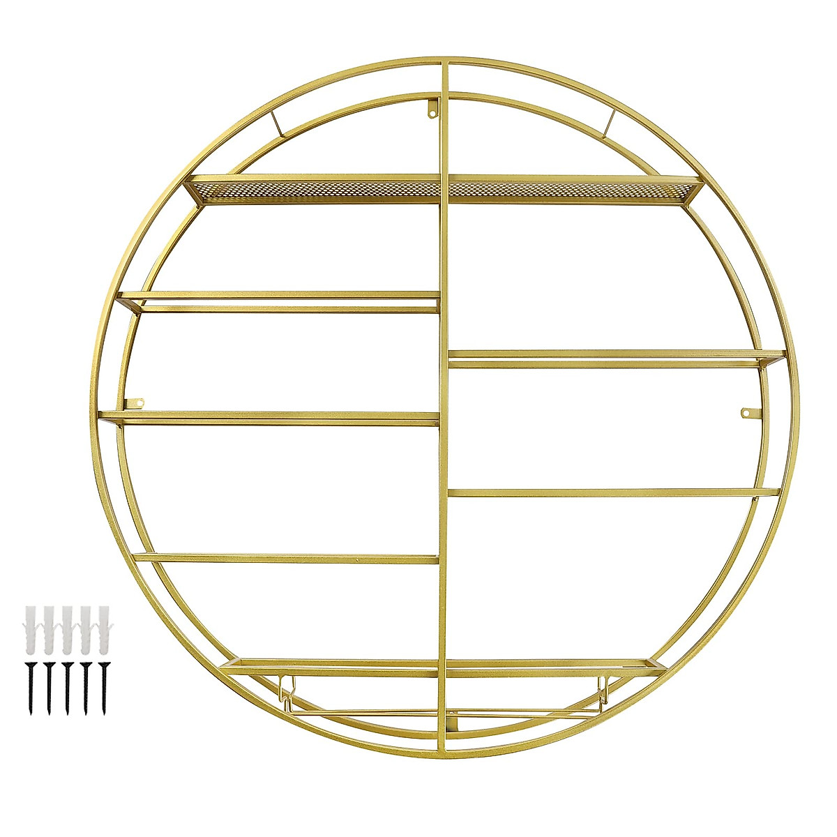 Headery 7 Tier Round Iron Wall Wine Bottle Holder, Wine Storage and Display Rack,Bar Liquor Shelves Shelf with 4 Glass Holder for Kitchen, Party, Bar, Dining Room(Black/Gold (Gold)