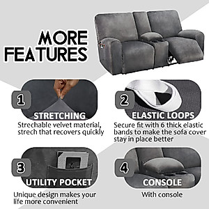 ULTICOR Reclining Loveseat with Middle Console Slipcover, 8-Piece Velvet Stretch Sofa Covers, 2 seat Loveseat Recliner Cover, Thick, Soft, Washable(Dark Grey)