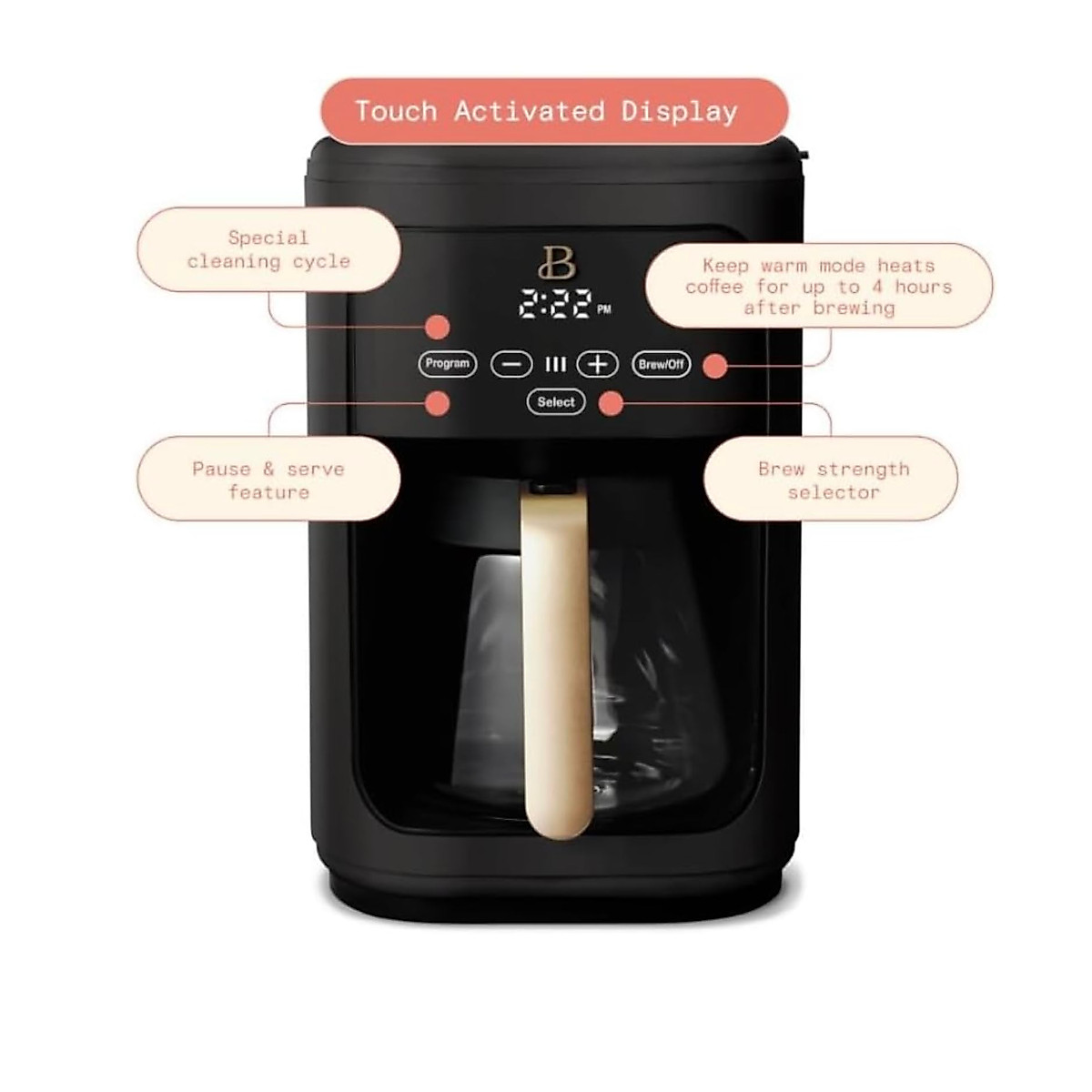 Touchscreen Coffee Maker, 14-Cup Programmable Coffee Maker with Touch-Activated Display, Kitchenware by Drew Barrymore (White Icing)