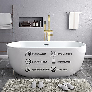 Freestanding Tub Faucet Floor Mount Tub Fillers Freestanding, Senhozi Brushed Gold Free Standing Tub Faucets, Mixer Tap Two Handle Gold Freestanding Bathtub Faucet with Hand Shower, SE-3001-BG