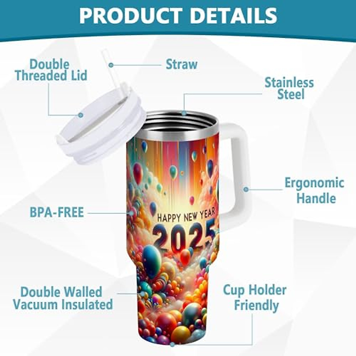ODAWA New Year Balloons Water Tumbler with Handle and Straw Lid Insulated Coffee Cups 40 Oz Stainless Steel Tumblers