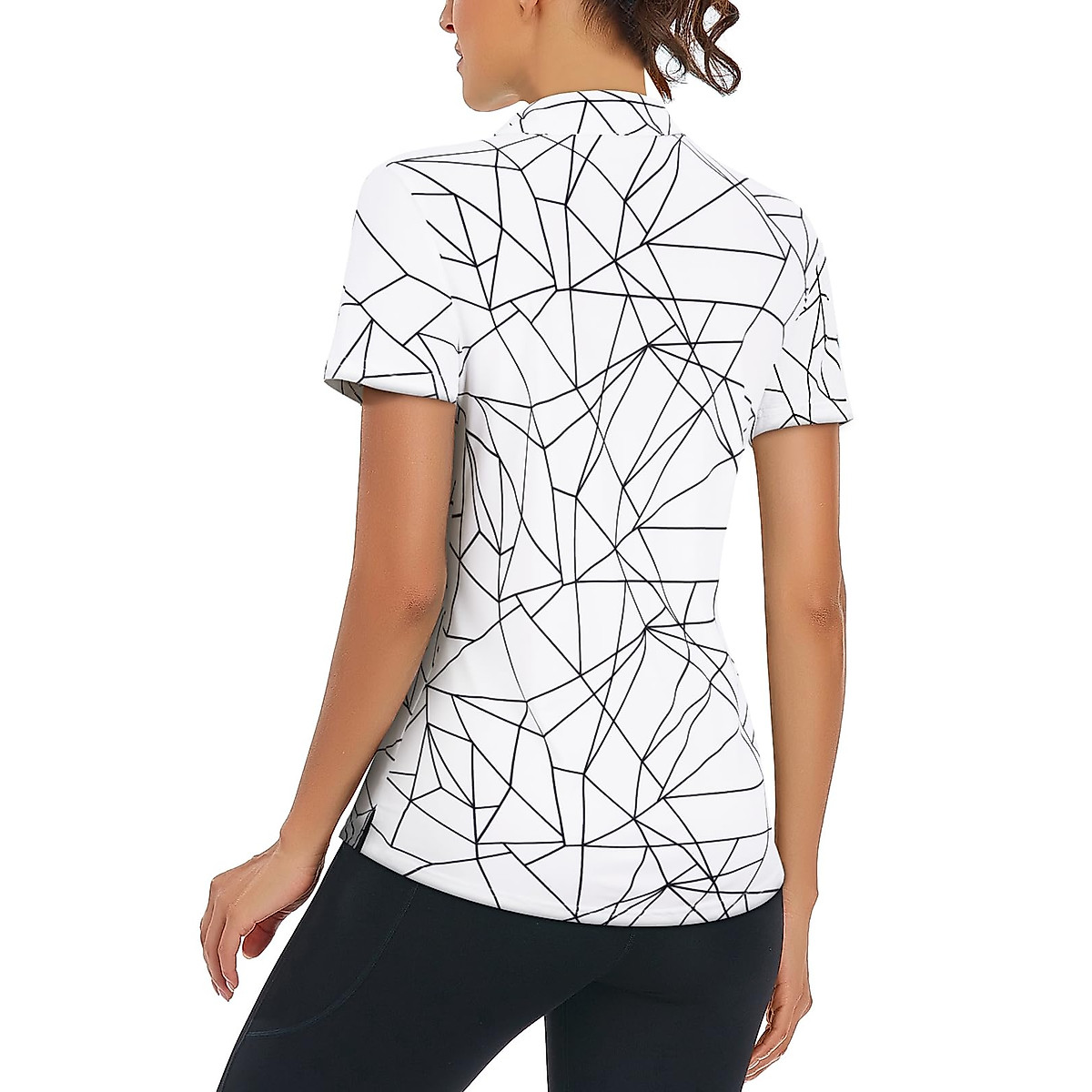 Cucuchy Women's Golf Clothing Golf Shirt UPF50+ Sun Protection Short Sleeve Workout Moisture Wicking Athletic Shirts Polo V Neck Tops Geometry White M