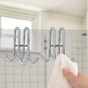 PEUTIER 2pcs Shower Glass Door Hooks, 304 Stainless Steel Over Shower Door Hooks Double Sided Usable Shower Towel Hooks Drilling-Free Towels Hanger for Bathroom (Silver)