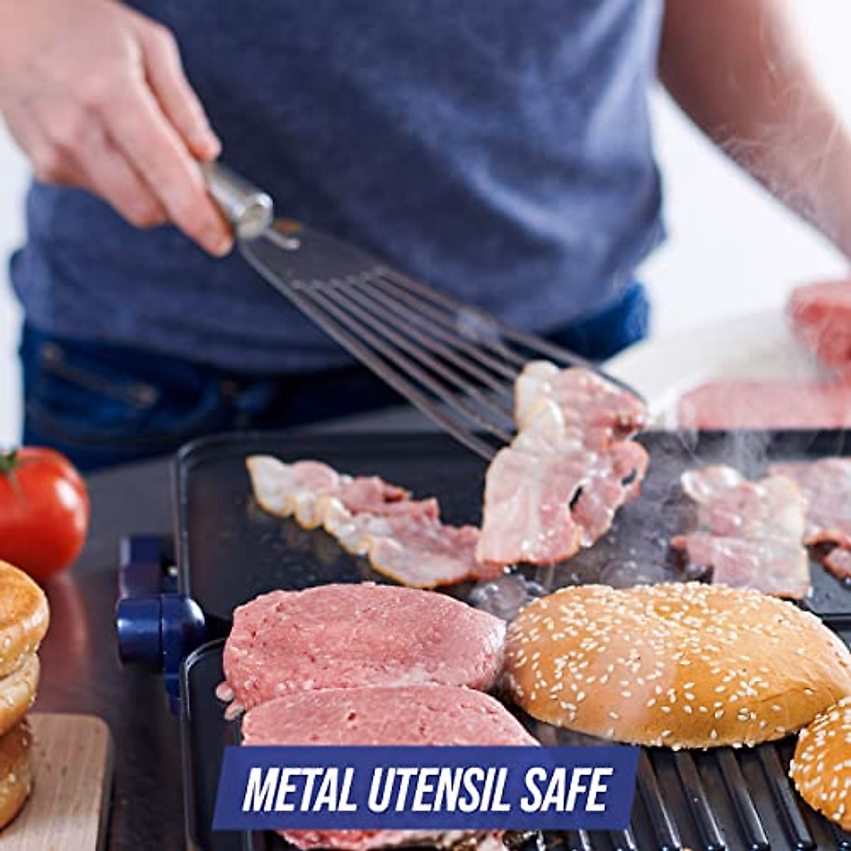 Blue Diamond Ceramic Nonstick, Electric Contact Sizzle Griddle, Open Flat Design, Dishwasher Safe Removable Plates, Adjustable Temperature Control, PFAS-Free, Blue