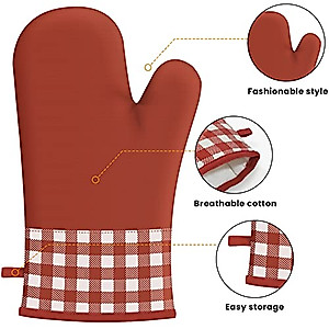 Oven Mitts and Pot Holders, 4 Piece Heat Resistant Thick Cotton Oven Mitts, Comfortable Cotton Oven Gloves for Cooking, Baking and Grilling, Red Plaid
