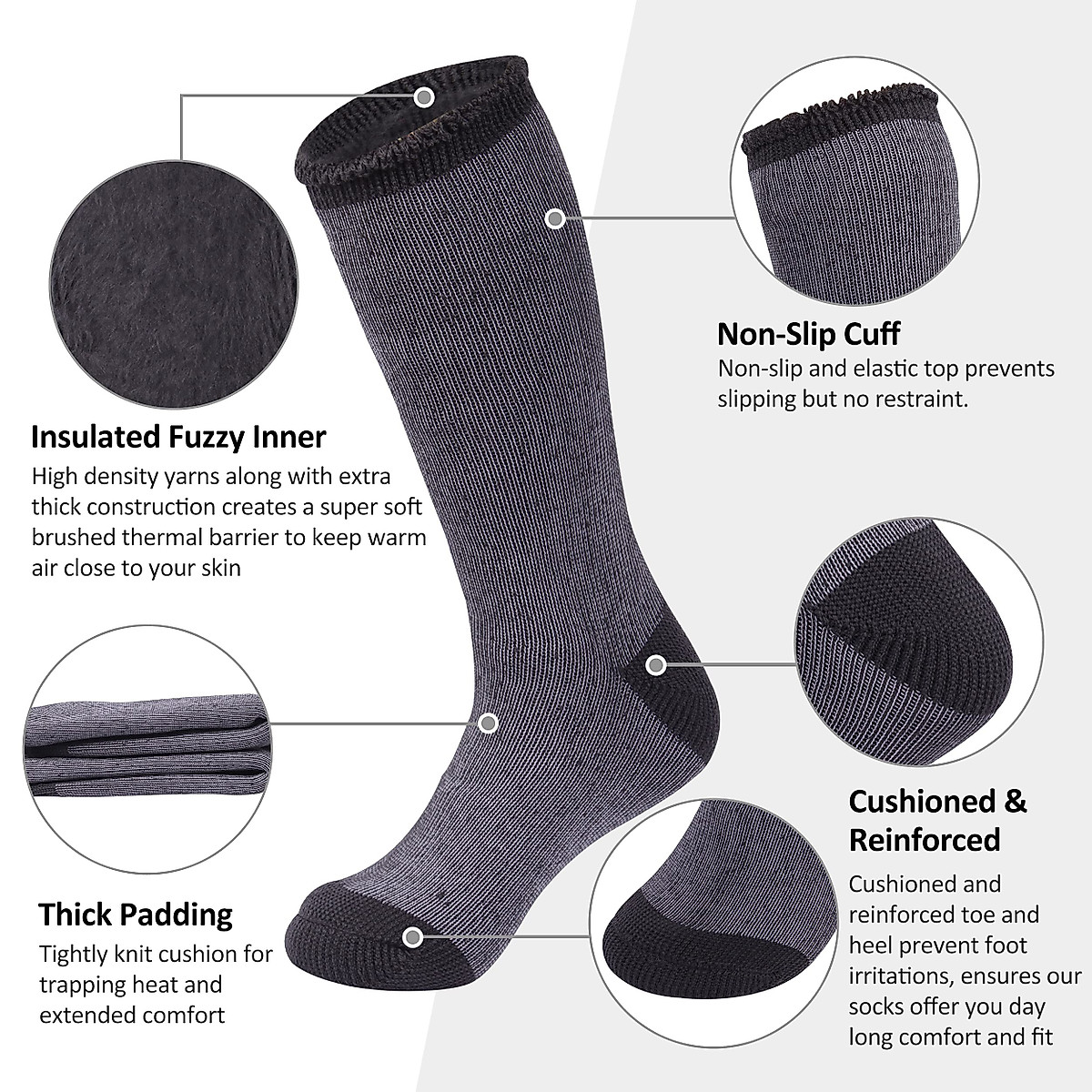 SPST Fuzzy Warm Thermal Socks for Cold Weather, Unisex Winter Stocking Thick Insulated Heated Fur Lined Seamless Outdoor Skiing Camping Hiking Hunting Crew Boot Socks, 2 Pair Black & Dark Grey M