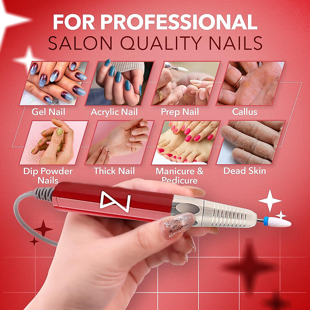 M Max - Nail Drill Professional - 2-in-1 Brushless Motor Nails Drill Machine - Electric, Cordless, Aluminium Alloy Casing, 35000 RPM, HD Display - Perfect for Salon & Home Use (Red)