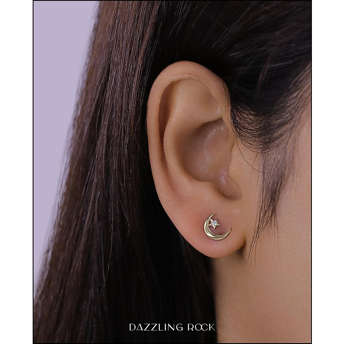 Dazzlingrock Collection 0.02 Carat (ctw) Round White Diamond Ladies Crescent Moon and Star Stud Earrings, 14K Yellow Gold