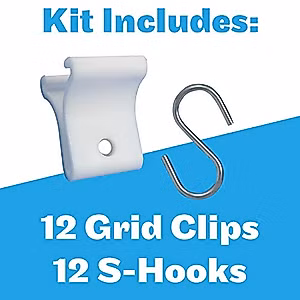 SHARP TANK White Grid Clips and S-Hooks - 24 Pc Kit - 12 Clips, 12 Hooks - Classroom Ceiling Hooks for Hanging Decorations Drop Ceiling T-Bar