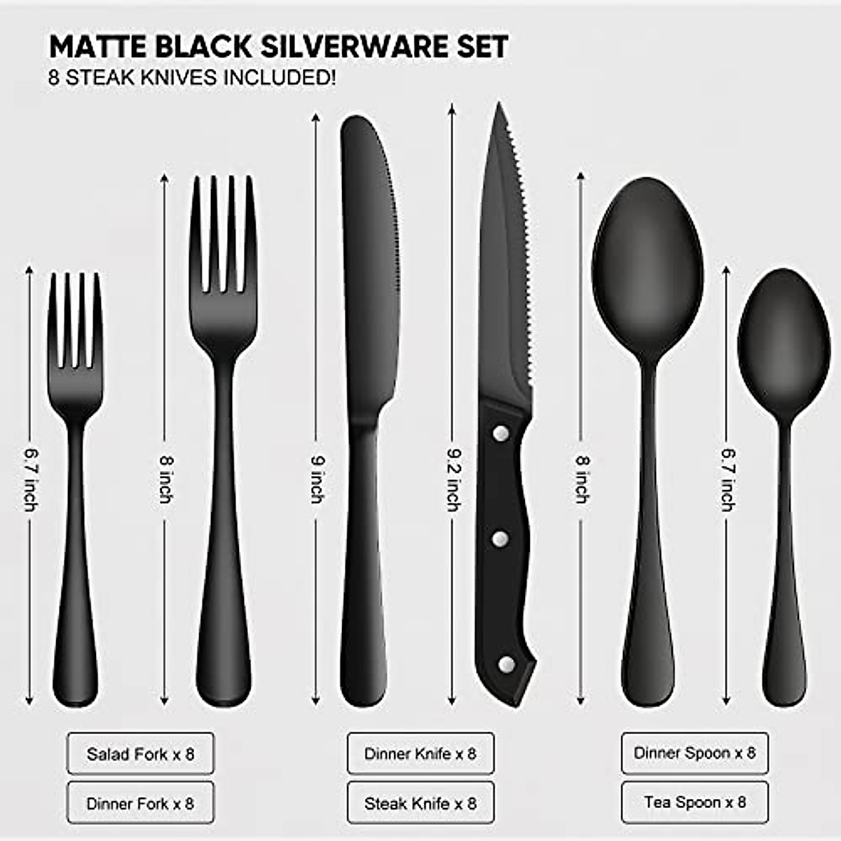 48-Piece Matte Black Silverware Set with Steak Knives for 8, Food-Grade Stainless Steel Flatware Set, Includes Spoons Forks Knives, Kitchen Cutlery For Home Office Restaurant Hotel