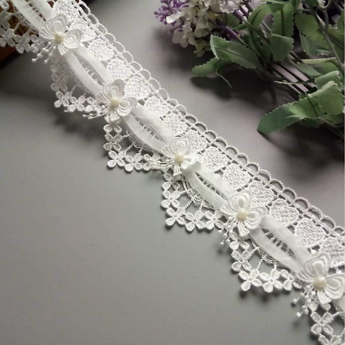 1 Yard White Lace Trim Fabric Bow-Knot Pearl Embroidered Lace Ribbon Handmade DIY Sewing Supplies Craft Clothes Decoration
