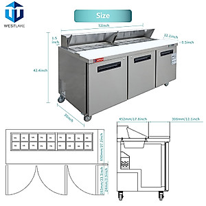 WESTLAKE 72" W 3 Door Refrigerator Sandwich&Salad Prep Table Commercial Stainless Steel Counter Fan Cooling Refrigerator with 18 pans-72 Inches for Restaurant, Bar, Shop, etc