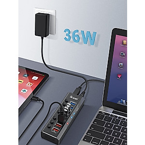 ikuai 5 Ports USB Hub with 4 USB Data Ports & 1 Fast Charging Port(12V/2A Power Adapter)+7 Ports USB Hub Aluminum with 4 USB Data Ports & 3 Fast Charging Port(12V/3A Power Adapter)