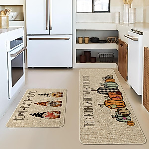 Artoid Mode Home Sweet Home Gnome Pumpkin Decorative Kitchen Mats Set of 2, The Kitchen is The Heart of The Home Seasonal Fall Holiday Party Vintage Low-Profile Floor Mat - 17x29 and 17x59 Inch