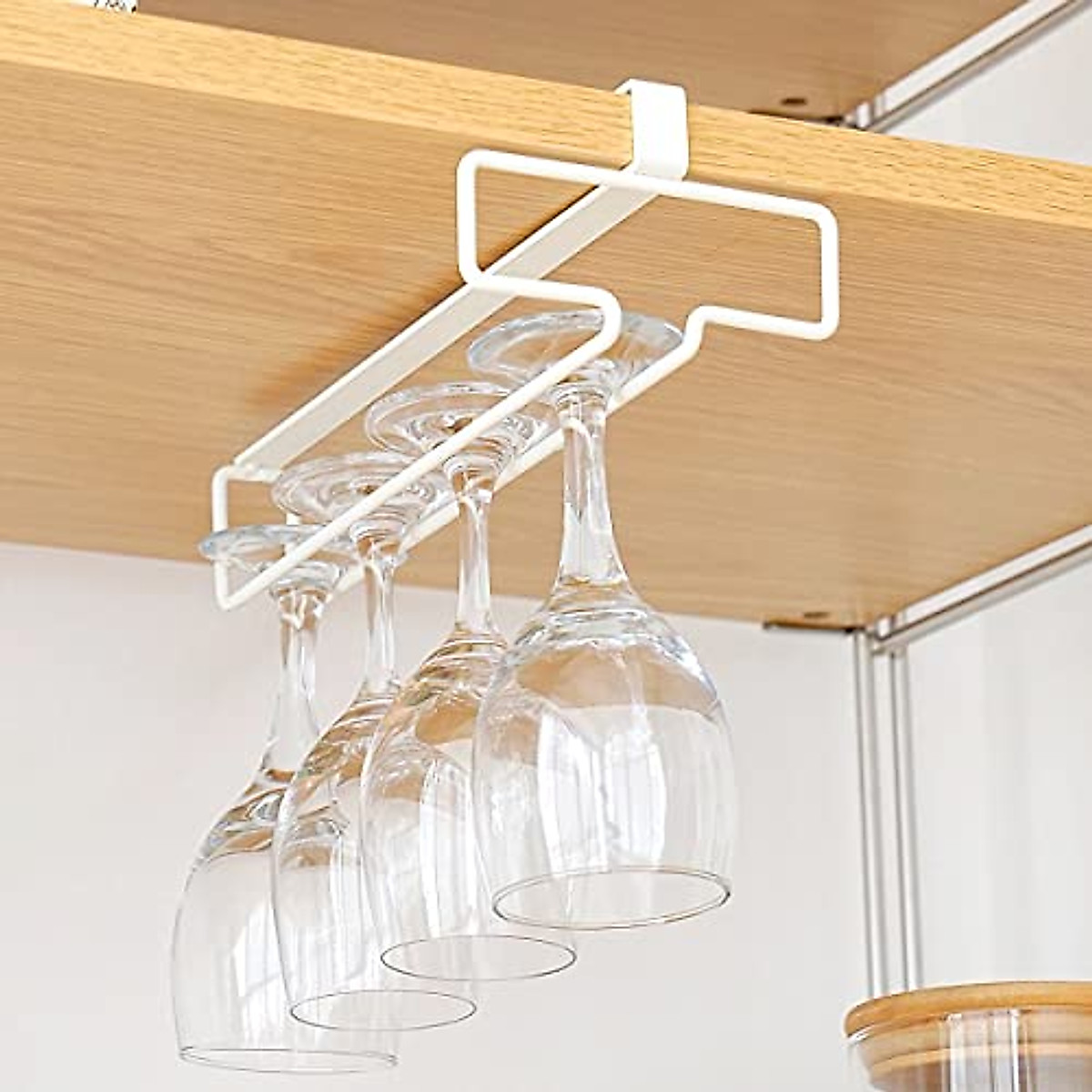 GeLive Under Cabinet Wine Glass Holder Stemware Rack Kitchen Hanging Organizer No Drilling Metal Wine Glass Storage Hanger (White, 2)