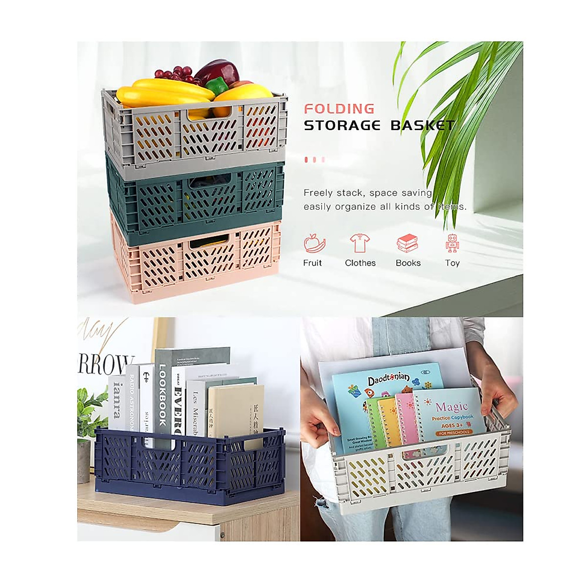 Ygapuzi Plastic Collapsible Crate Folding Storage Basket with Handle for Shelves Home Kitchen Classroom and Office Vanity Bathroom Organization Drawer Clapboard Partition (Multicolor-4pack)