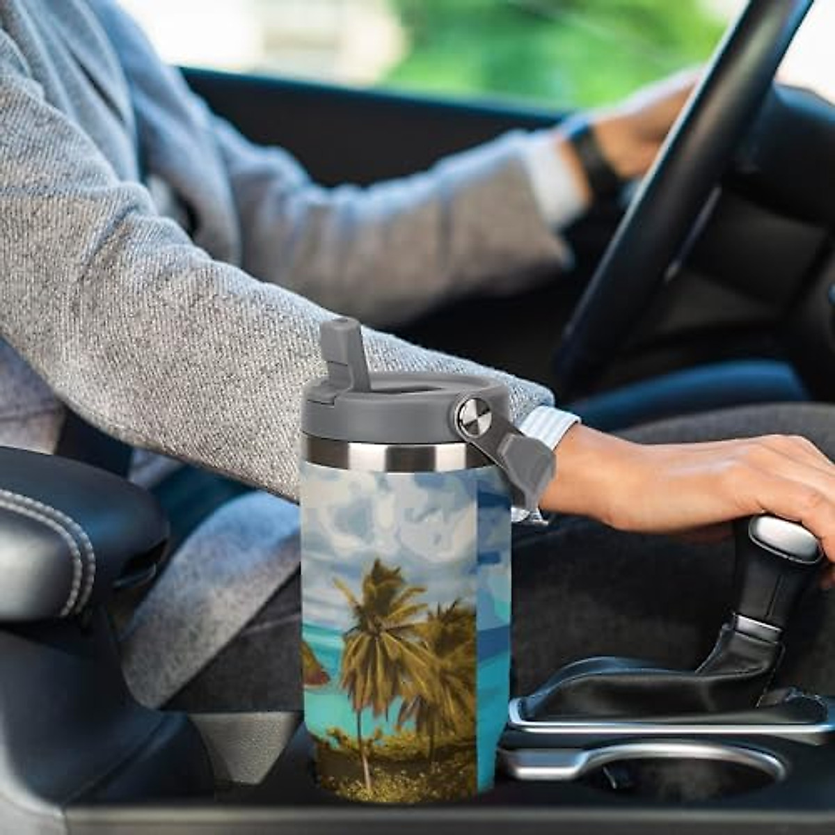RTFGHJS Caribbean Scenery 30 Oz Tumbler with Handle And Flip Straw, Stainless Steel Vacuum Insulated Travel Mug, Thermal Cup for Coffee, Water, Iced Drinks, Fits Car Cup Holders (Home, Sports)