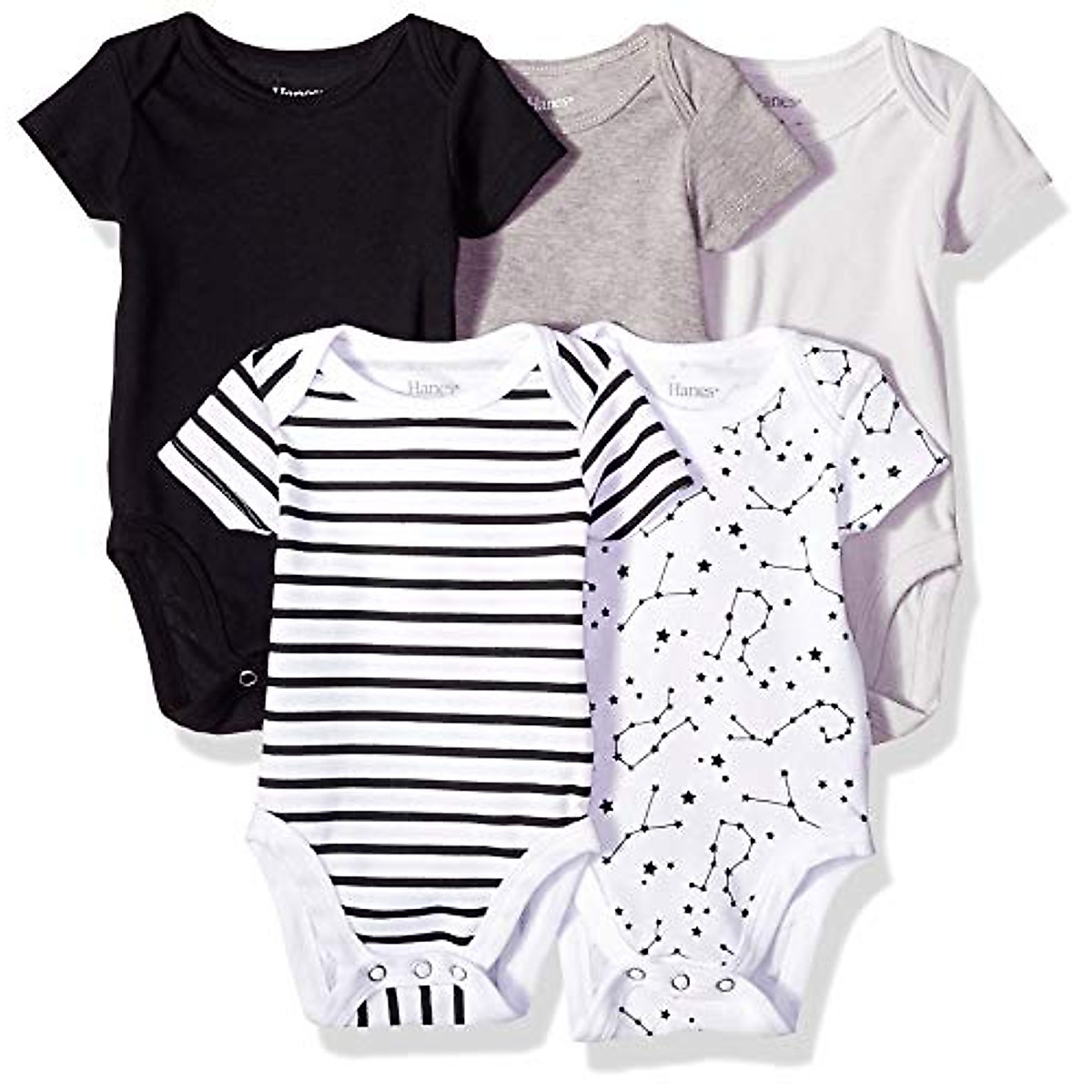 Hanes Baby Bodysuits, Ultimate Flexy Short Sleeve for Boys & Girls, 5-Pack, Grey/Black Stripe, 0-6 Months