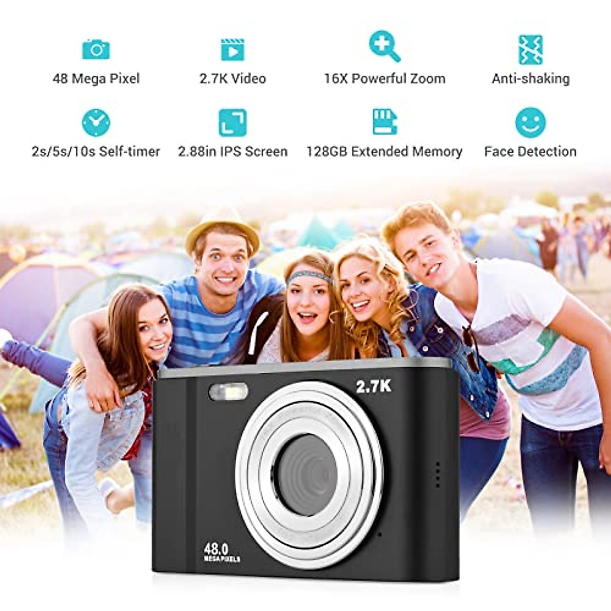 Andoer Portable Digital Camera 48MP 2.7K 2.88-inch IPS Screen 16X Zoom Auto Focus Self-Timer 128GB Extended Memory Face Detection Anti-Shaking with 2pcs Batteries Hand Strap Carry Pouch