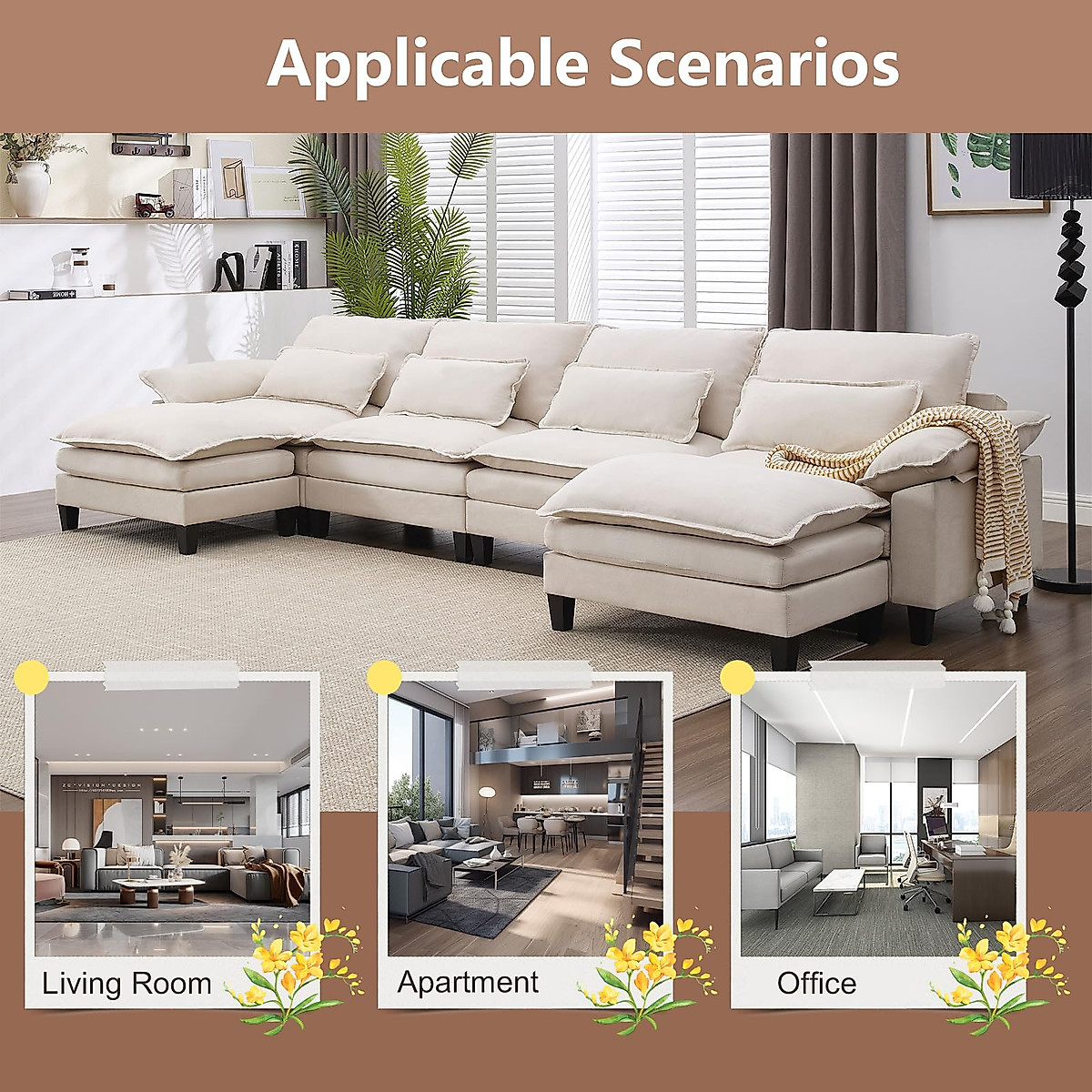 154" Oversized Modular Sectional Sofa , Ice Velvet Large U-Shaped Couch Comfy Upholstered 4-Seat Sofa with 2 Movable Ottoman, 4 Lumbar Pillow, Deep Seat Couch for Living Room,DIY Combination Beige