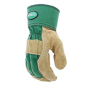 Scotts Men's Durable Split Cowhide Leather Palm Work Gloves, Abrasion Resistant, Safety Cuff, Padded Knuckle, Green/Yellow, Large, (SC75525/L)