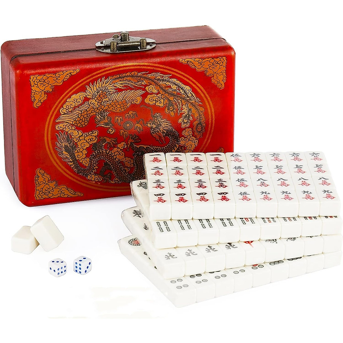Florauspicious Chinese Mahjong Set, Traditional Majong Sets Chinese with 146PCS 0.87" x 0.59" x 0.47" Mini Mahjong Tiles, 2PCS Dot Dice & 6.7” Wooden Carry Case for Travel, Family Gathering, Party