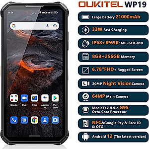 OUKITEL WP19 [21000mAh Battery] Rugged Smartphone Unlocked, 64MP Camera Night Vision Mobile Phones 8GB+256GB IP68 Waterproof Cellphone, Android 12 Cell Phone, 6.78" HD+ Dual SIM 4G Smartphones OTG/NFC