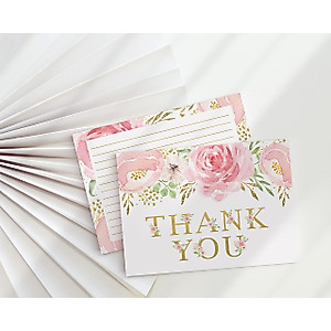 Pink and Gold Floral Thank You Cards, Great for Baby Wedding Bridal Shower, Birthday, Baptism, Any Occasion, 50 Thank You Cards and Envelopes