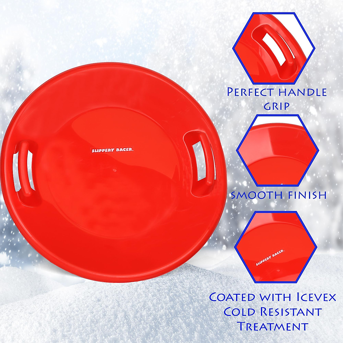Slippery Racer Heavy-Duty Cold Resistant Downhill Pro Plastic Outdoor Winter Saucer Disc Snow Sled with Handles, Red