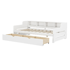OUYESSIR Twin Size Daybed with 3 Storage Drawers, Upholstered Day Bed Frame with Bookcase Headboard and Full Wood Slats for Kids Teens Adult Boys Girls, No Box Spring Needed, White