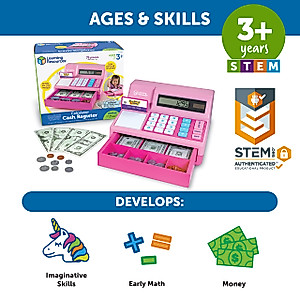 Learning Resources Pretend & Play Calculator Cash Register Pink - 73 Pieces, Ages 3+, Cash Register for Kids, Play Money for Kids, Toddlers Toys, Toy Register