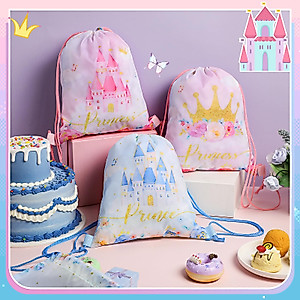 Censen 24 Pcs Drawstring Bags Set Bulk 12 x 10 Inch Princess Prince Party Favor Bags Crown Castle Floral Favor Gift Bag for Kids Gift Party Supplies (castle and Crown Style)